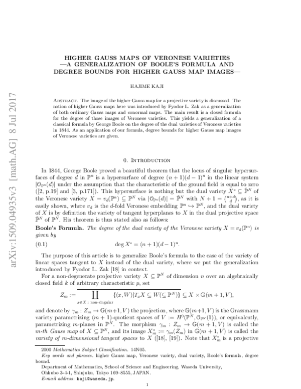 (PDF) Higher Gauss maps of Veronese varieties—A generalization of Boole’s formula and degree ...