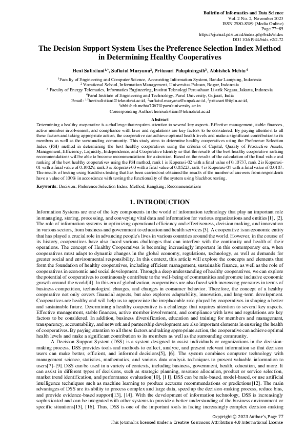 (PDF) The Decision Support System Uses the Preference Selection Index Method in Determining ...