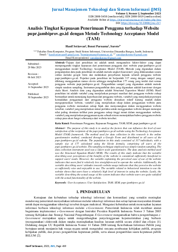 (PDF) Analisis Tingkat Kepuasan Penerimaan Pengguna terhadap Website pupr.jambiprov.go.id dengan ...