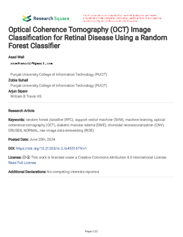 (PDF) Optical Coherence Tomography (OCT) Image Classification for Retinal Disease Using a Random ...