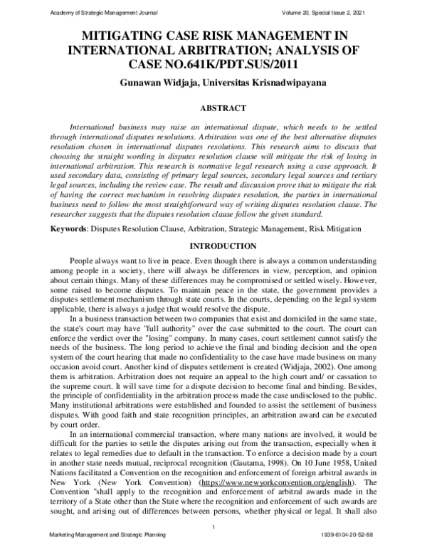 (PDF) Mitigating Case Risk Management in International Arbitration ...