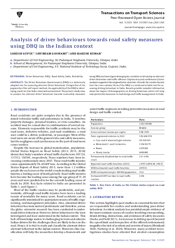 (PDF) Analysis of driver behaviours towards road safety measures using ...