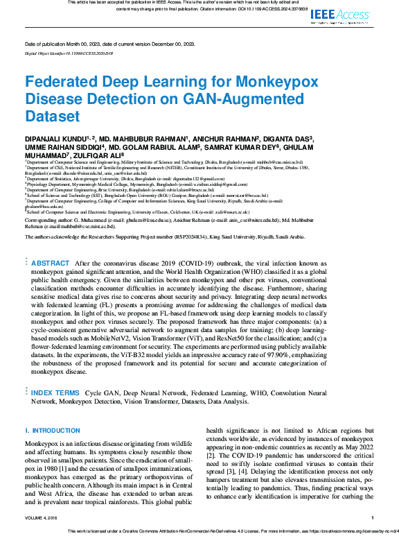 (PDF) Federated Deep Learning for Monkeypox Disease Detection on GAN-Augmented Dataset