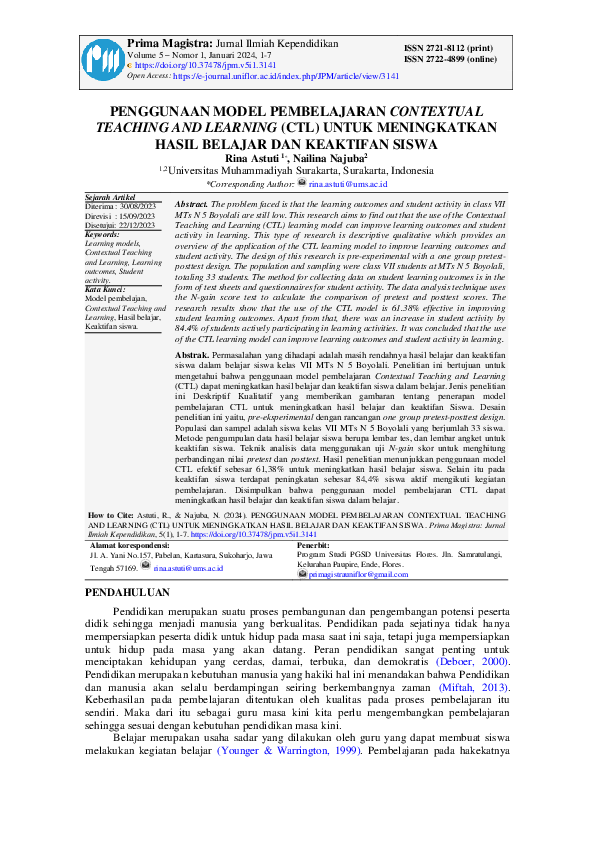 (PDF) Penggunaan Model Pembelajaran Contextual Teaching and Learning ...