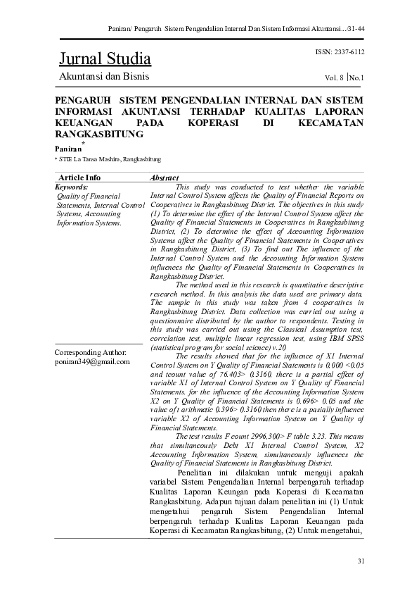 (PDF) Pengaruh Sistem Pengendalian Internal Dan Sistem Informasi Akuntansi Terhadap Kualitas ...