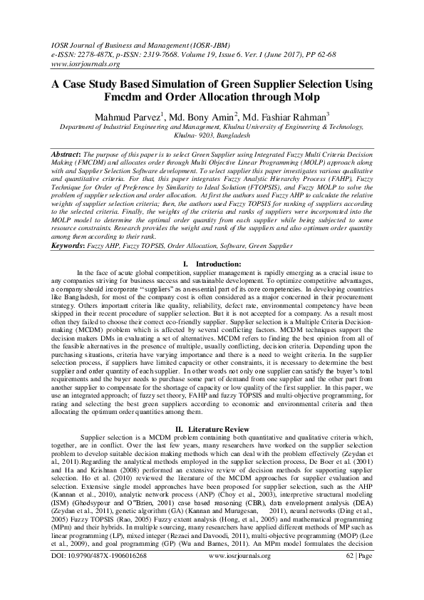 (PDF) A Case Study Based Simulation of Green Supplier Selection Using ...