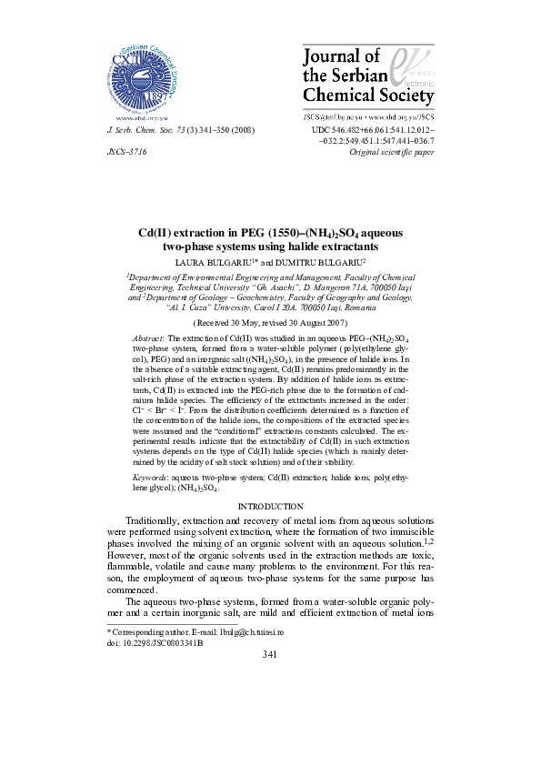 (PDF) Cd(II) extraction in PEG(1550)-(NH4)2SO4 aqueous two-phase ...