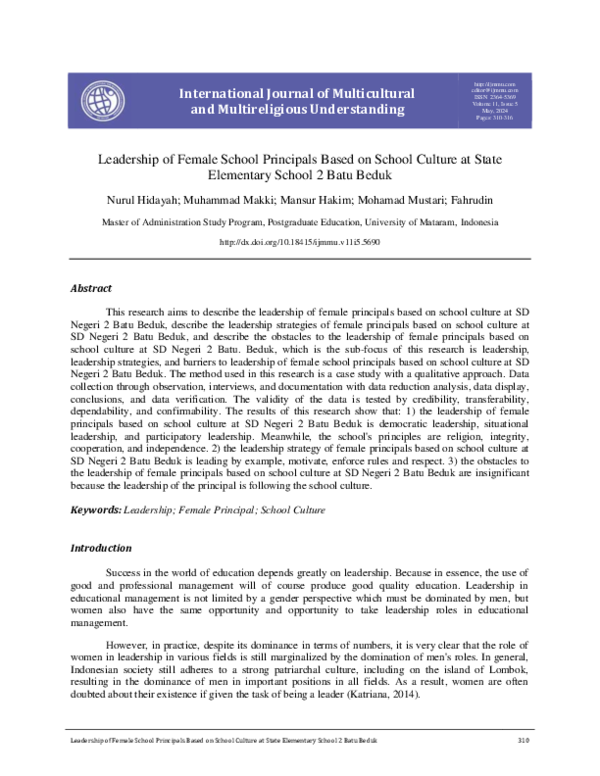 (PDF) Leadership of Female School Principals Based on School Culture at ...