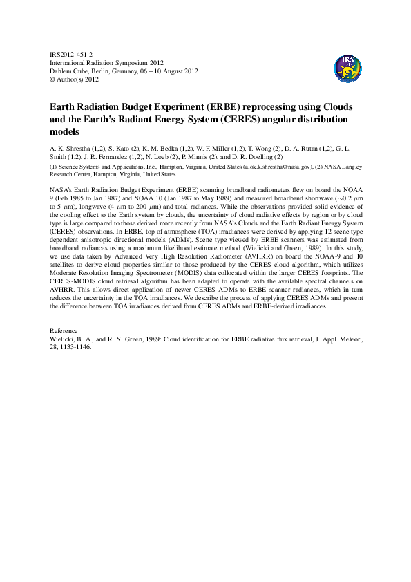 (PDF) Earth Radiation Budget Experiment (ERBE) reprocessing using ...