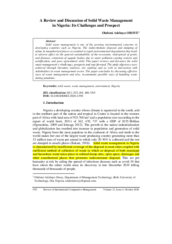 (PDF) A Review and Discussion of Solid Waste Management