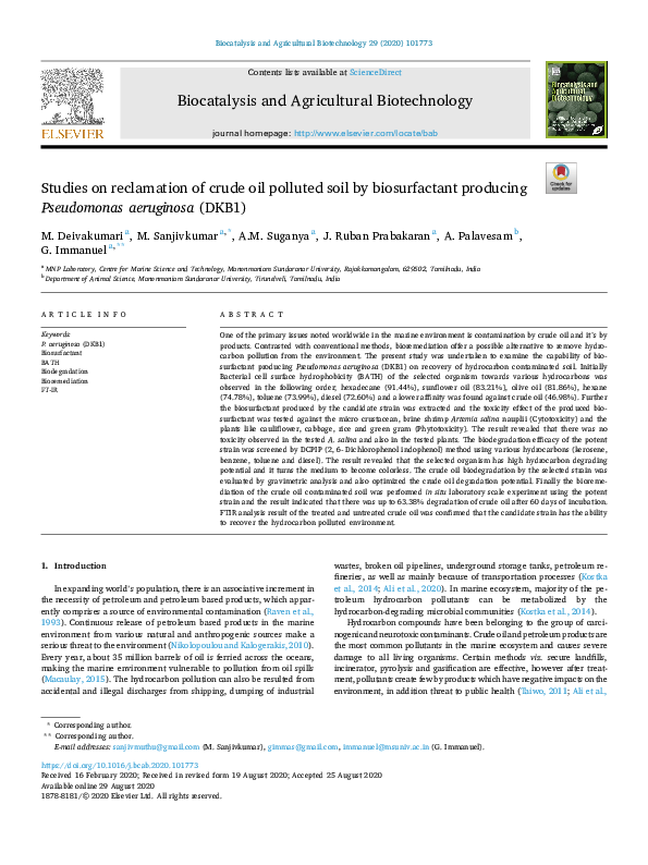 (PDF) Studies on reclamation of crude oil polluted soil by biosurfactant producing Pseudomonas ...