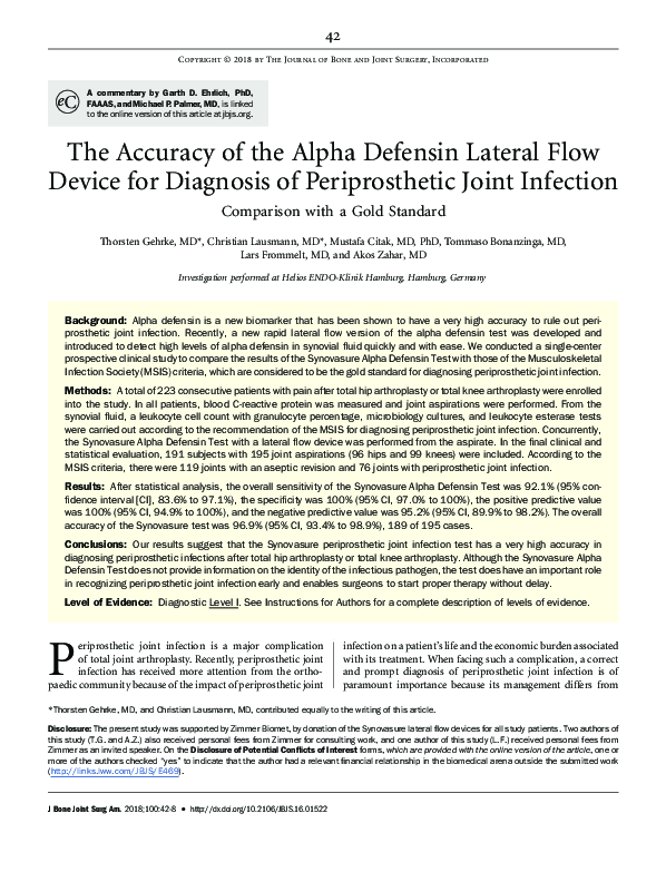 (PDF) The Accuracy of the Alpha Defensin Lateral Flow Device for ...