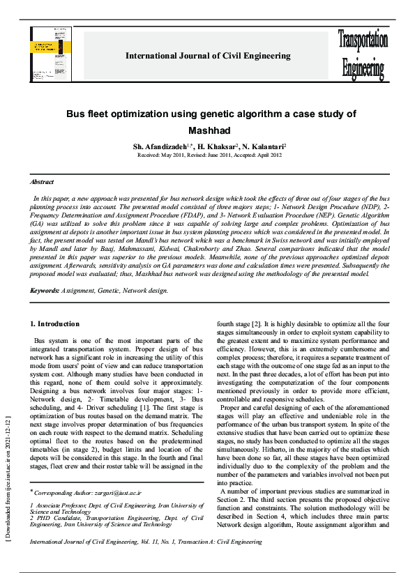 (PDF) Bus fleet optimization using genetic algorithm a case study of Mashhad