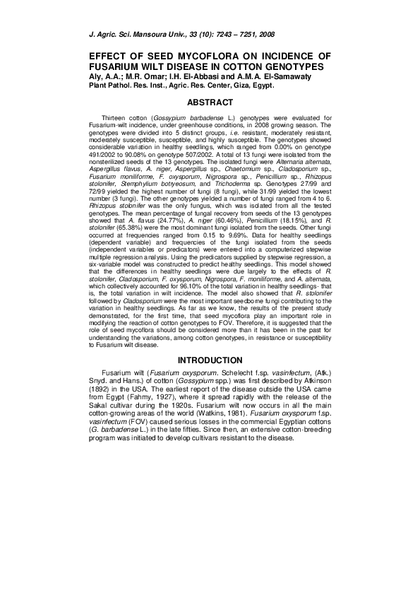 (PDF) Effect of Seed Mycoflora on Incidence of Fusarium Wilt Disease in Cotton Genotypes
