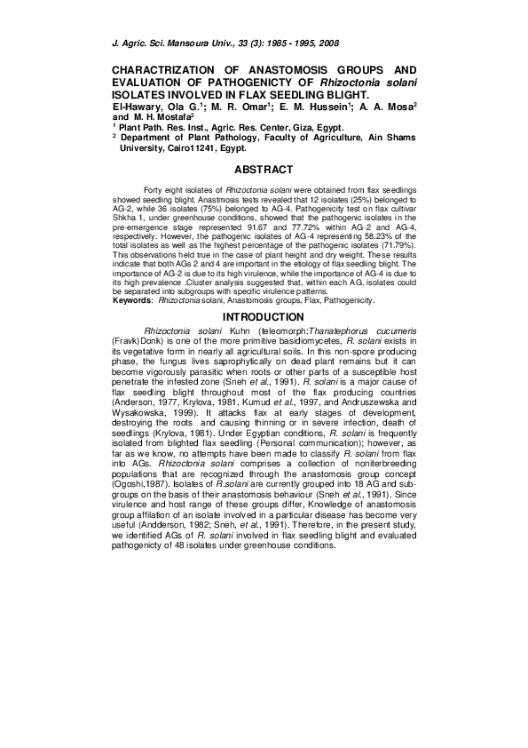 (PDF) CHARACTRIZATION OF ANASTOMOSIS GROUPS AND EVALUATION OF ...