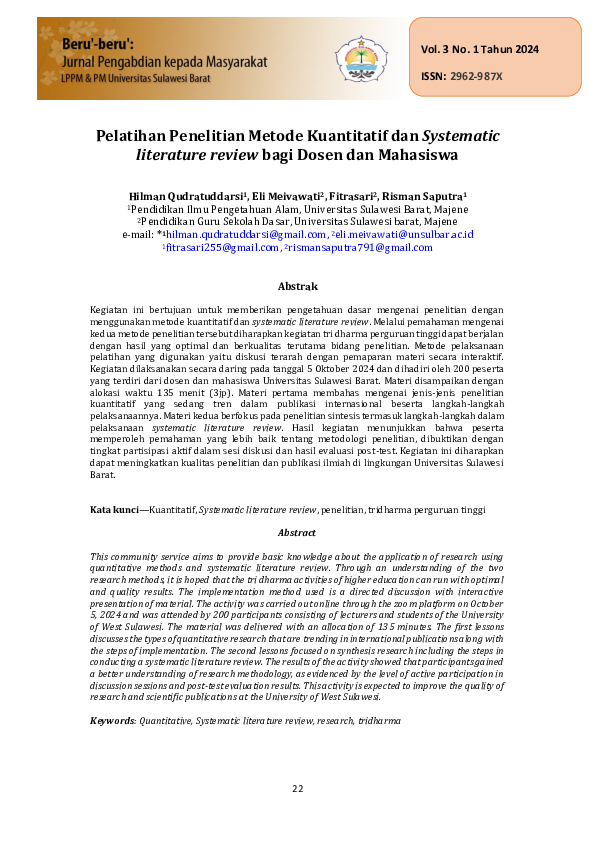(PDF) Pelatihan Penelitian Metode Kuantitatif dan Systematic literature review bagi Dosen dan ...