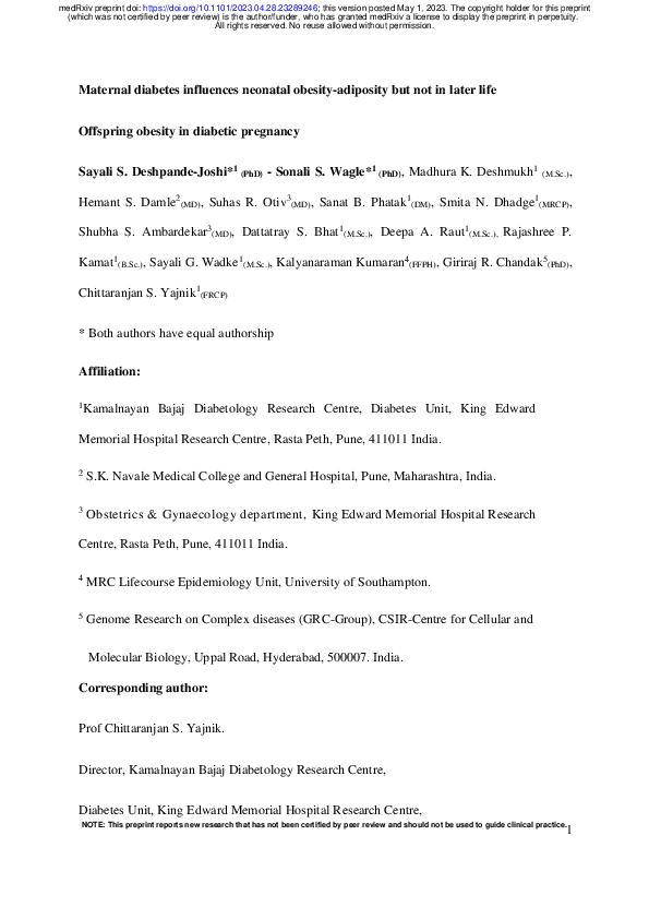 (PDF) Maternal diabetes influences neonatal obesity-adiposity but not ...