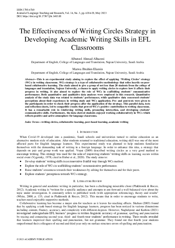 (PDF) The Effectiveness of Writing Circles Strategy in Developing Academic Writing Skills in EFL ...