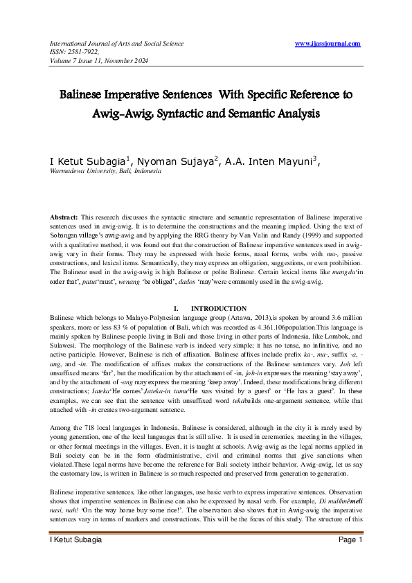 (PDF) Balinese Imperative Sentences With Specific Reference to Awig ...