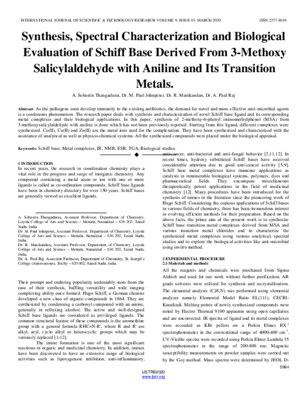 (PDF) Synthesis, Spectral Characterization and Biological Evaluation of Schiff Base Derived From ...