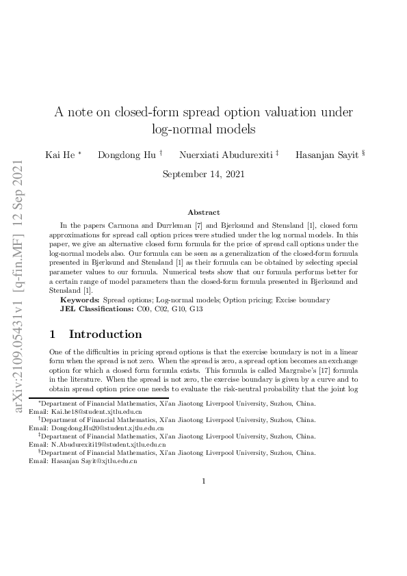 (PDF) A note on closed-form spread option valuation under log-normal models