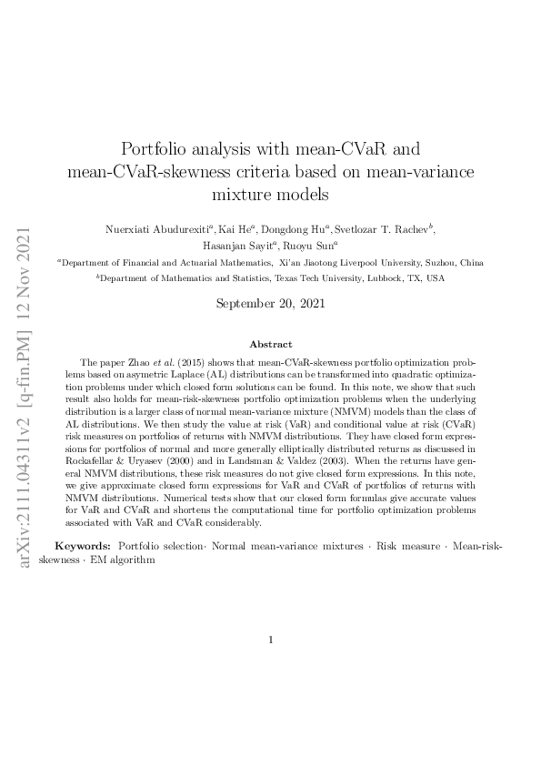 (PDF) Portfolio analysis with mean-CVaR and mean-CVaR-skewness criteria based on mean–variance ...