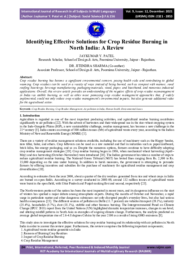 (PDF) Identifying Effective Solutions for Crop Residue Burning in North India: A Review