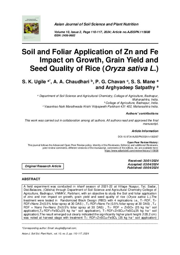 (PDF) Soil and Foliar Application of Zn and Fe Impact on Growth, Grain Yield and Seed Quality of ...