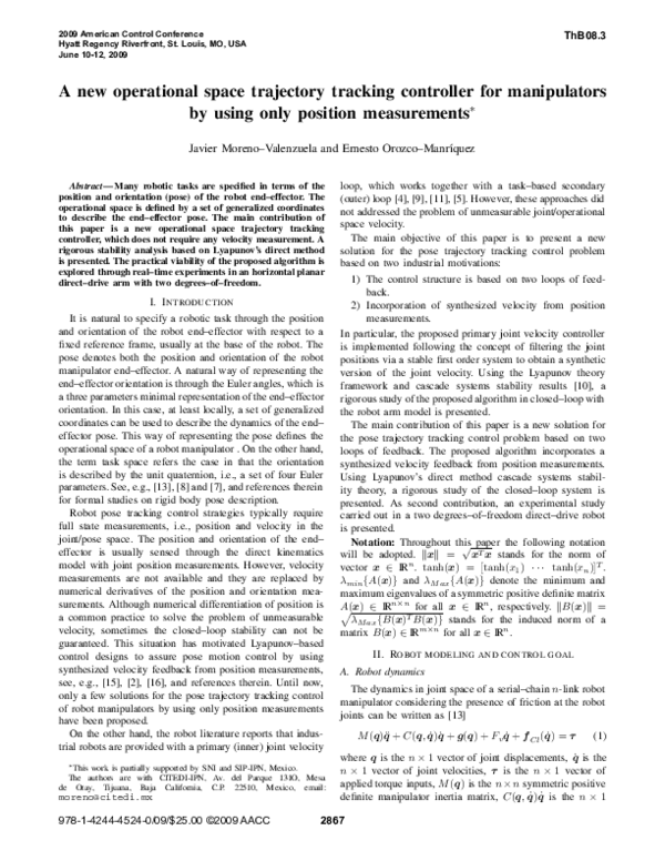 Pdf A New Operational Space Trajectory Tracking Controller For Manipulators By Using Only