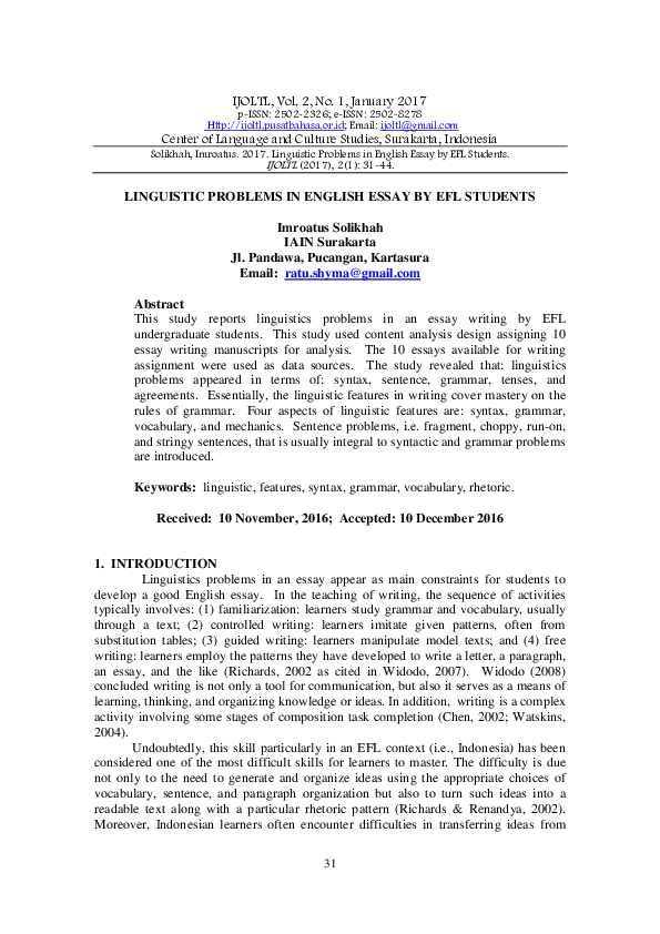 (PDF) Linguistic Problems in English Essay by Efl Students