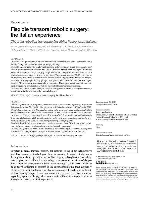 (PDF) Flexible transoral robotic surgery: the Italian experience