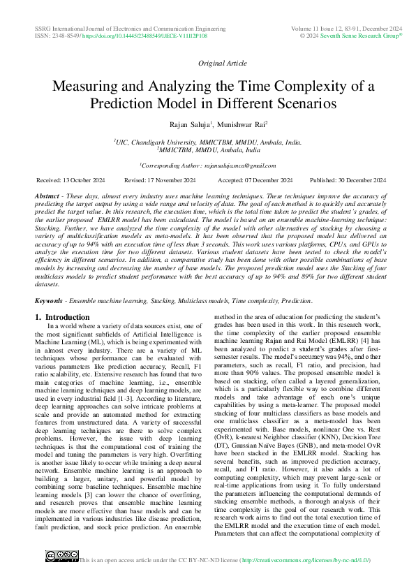Pdf Measuring And Analyzing The Time Complexity Of A Prediction Model In Different Scenarios
