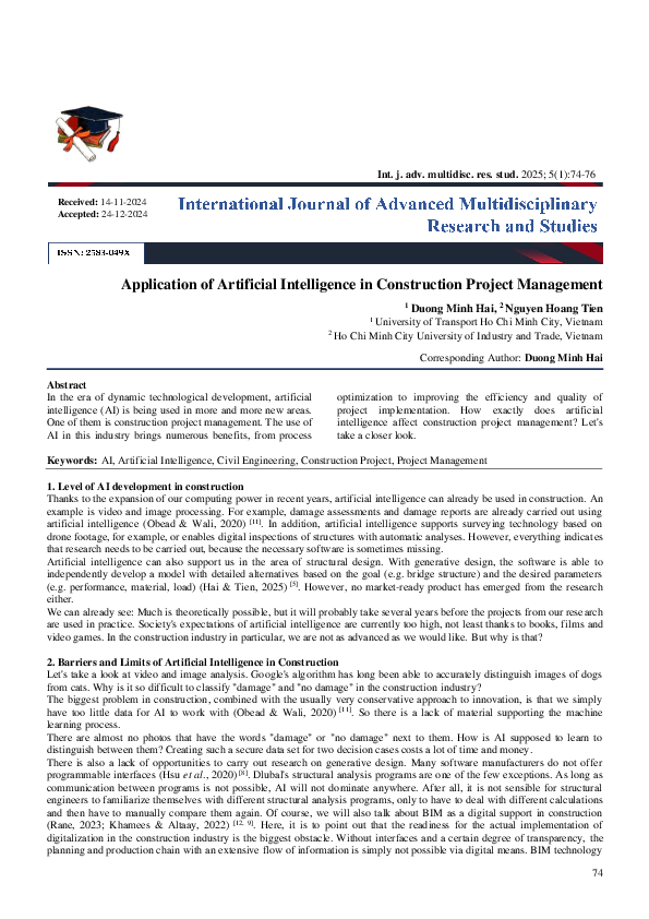 (PDF) Application of Artificial Intelligence in Construction Project Management
