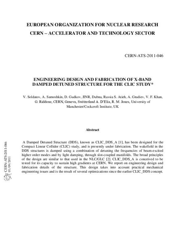(PDF) Engineering design and fabrication of X-Band damped detuned structure for the CLIC study