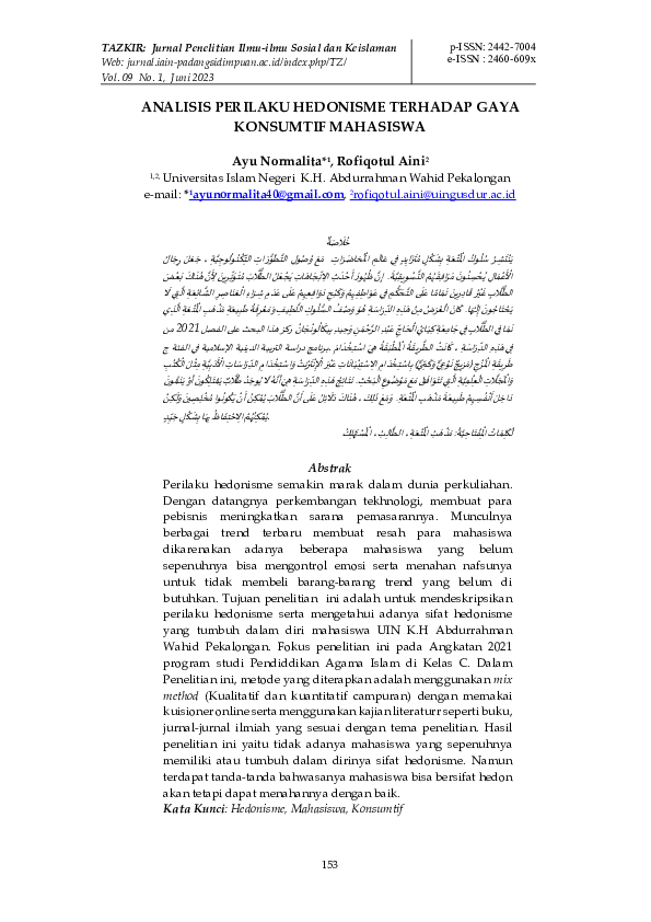 (PDF) Analisis Perilaku Hedonisme Terhadap Gaya Konsumtif Mahasiswa