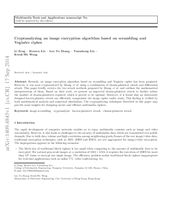 Pdf Cryptanalyzing An Image Encryption Algorithm Based On Scrambling And Veginere Cipher