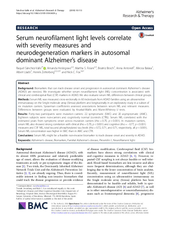 (PDF) Serum neurofilament light levels correlate with severity measures and neurodegeneration ...