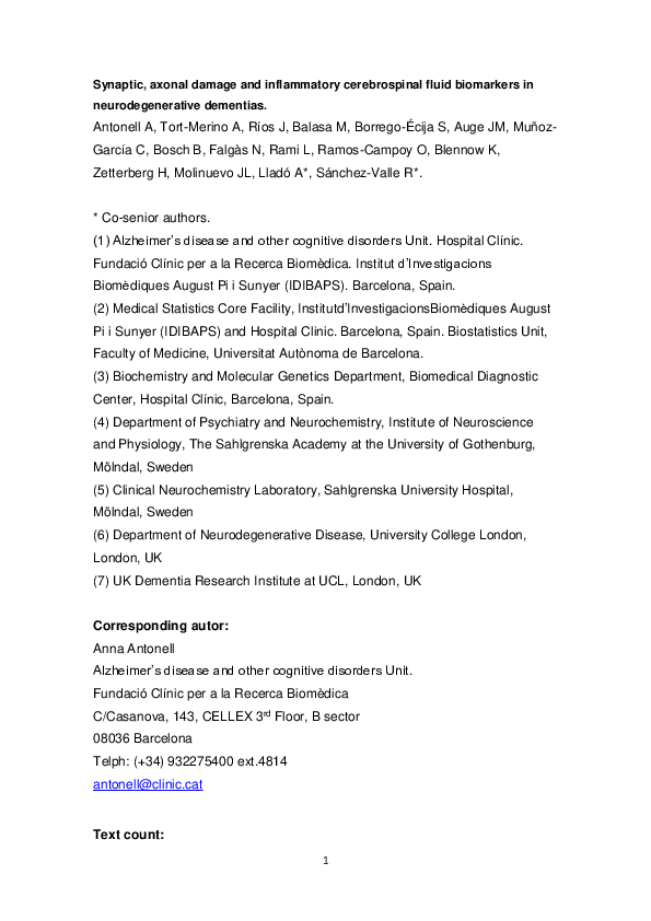 (PDF) Synaptic, axonal damage and inflammatory cerebrospinal fluid biomarkers in ...