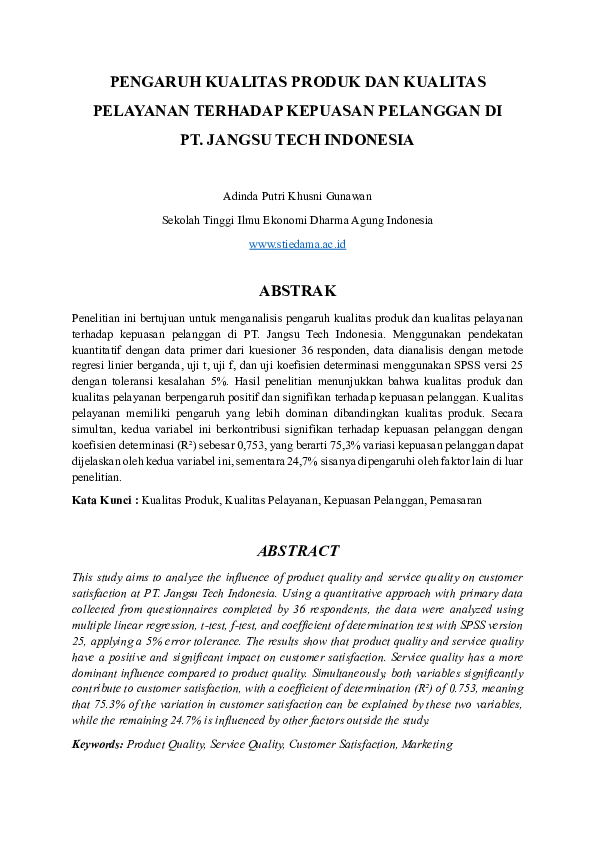 (PDF) JURNAL PENGARUH KUALITAS PRODUK DAN KUALITAS PELAYANAN TERHADAP KEPUASAN PELANGGAN DI PT ...