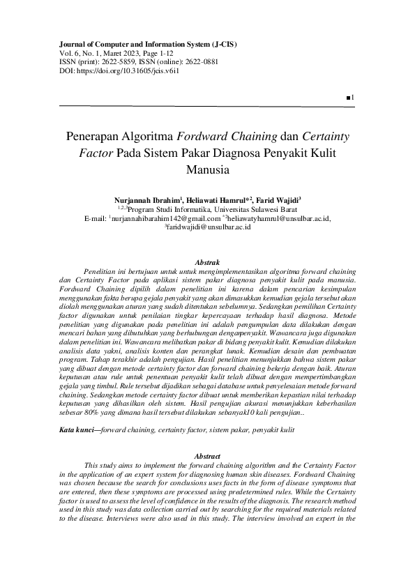 (PDF) Penerapan Algoritma Fordward Chaining dan Certainty Factor Pada ...
