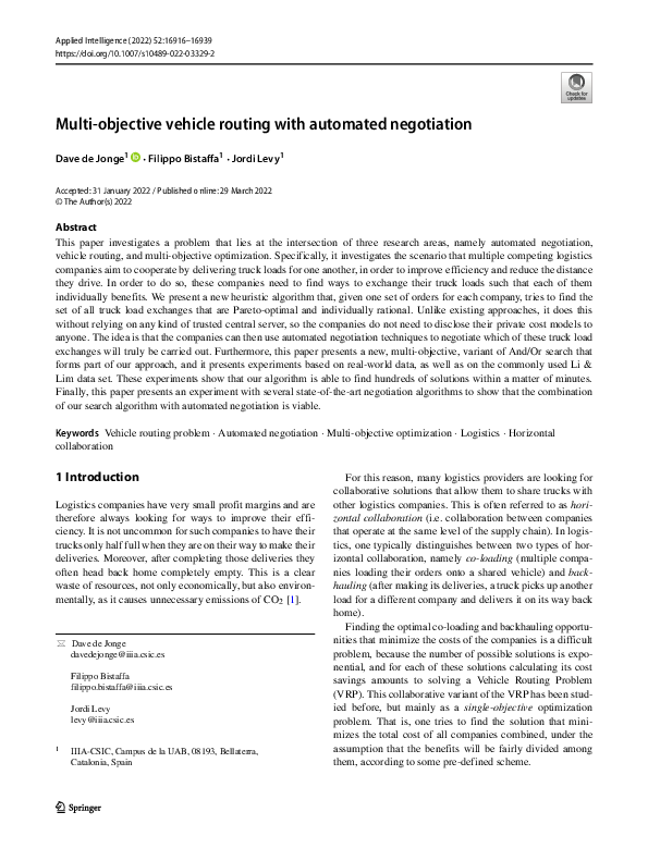 (PDF) Multi-objective vehicle routing with automated negotiation