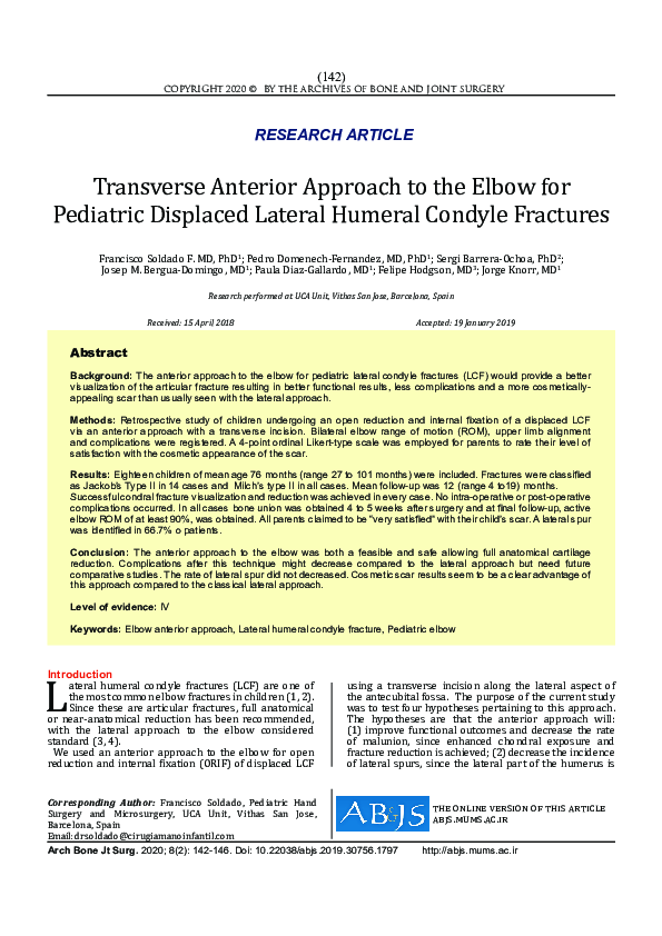 (PDF) Transverse Anterior Approach to the Elbow for Pediatric Displaced ...