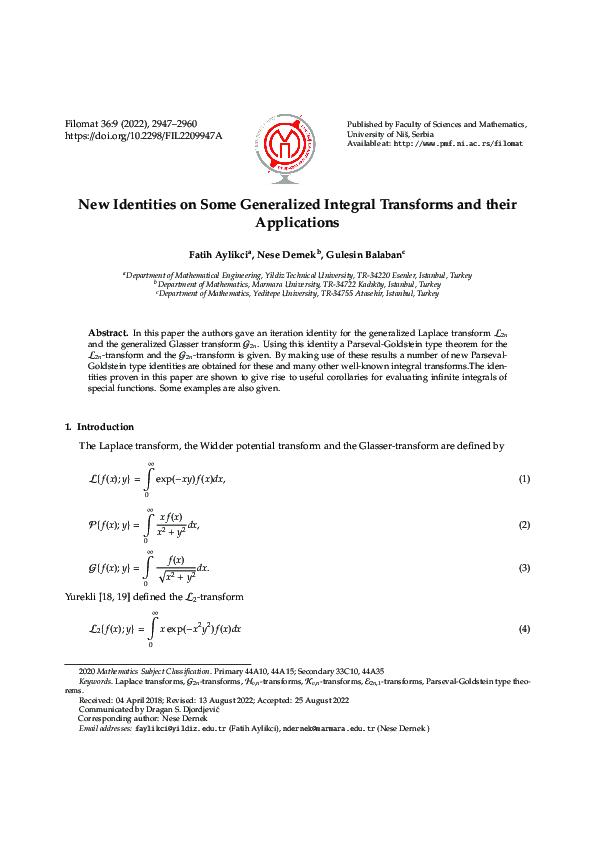 (PDF) New identities on some generalized integral transforms and their applications