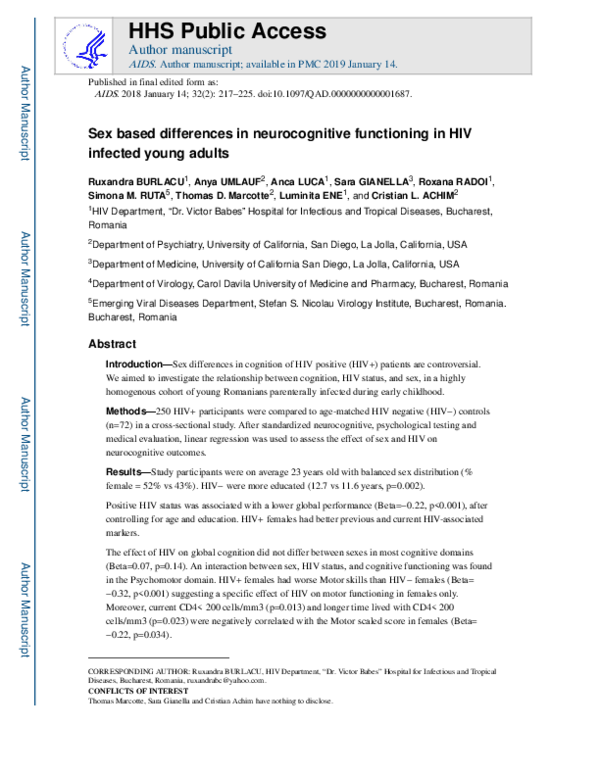 Pdf Sex Based Differences In Neurocognitive Functioning In Hiv Infected Young Adults