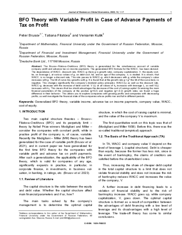 (PDF) BFO Theory with Variable Profit in Case of Advance Payments of Tax on Profit