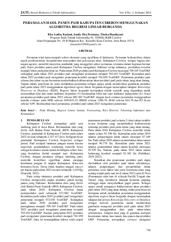 (PDF) Peramalan Hasil Panen Padi Kabupaten Cirebon Menggunakan Algoritma Regresi Linear Berganda