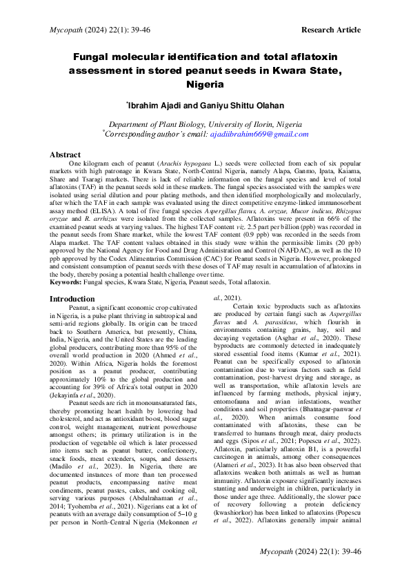 (PDF) Fungal molecular identification and total aflatoxin assessment in stored peanut seeds in ...