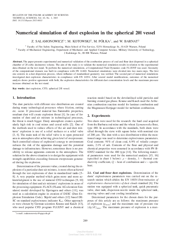(PDF) Numerical simulation of dust explosion in the spherical 20l vessel