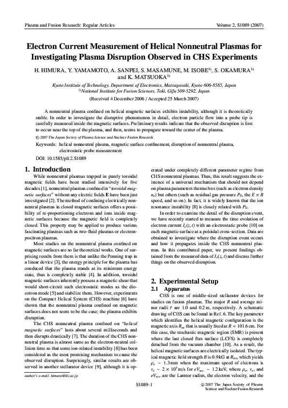 (PDF) Electron Current Measurement of Helical Nonneutral Plasmas for ...