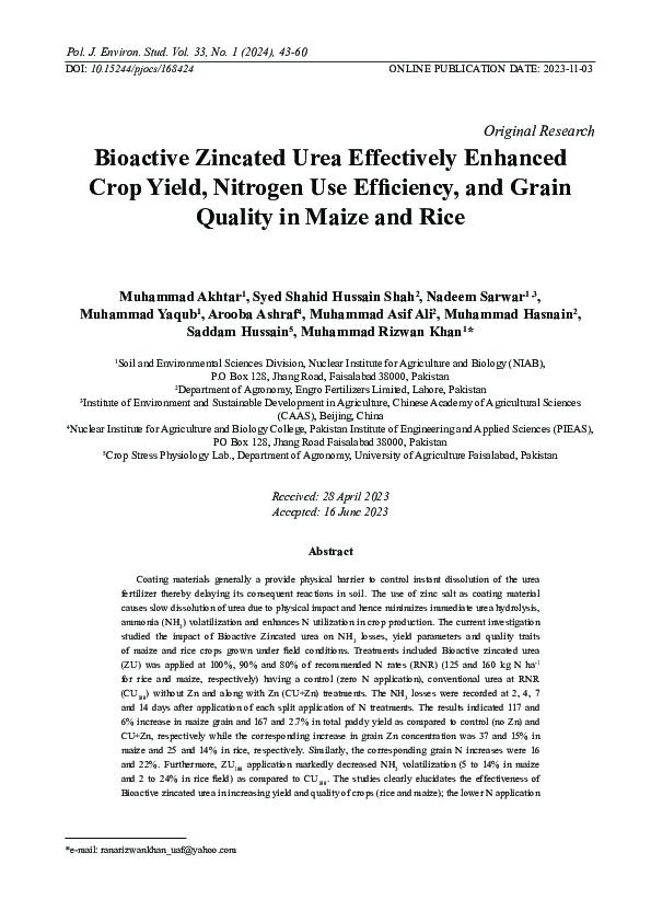 (PDF) Bioactive Zincated Urea Effectively Enhanced Crop Yield, Nitrogen Use Efficiency, and ...